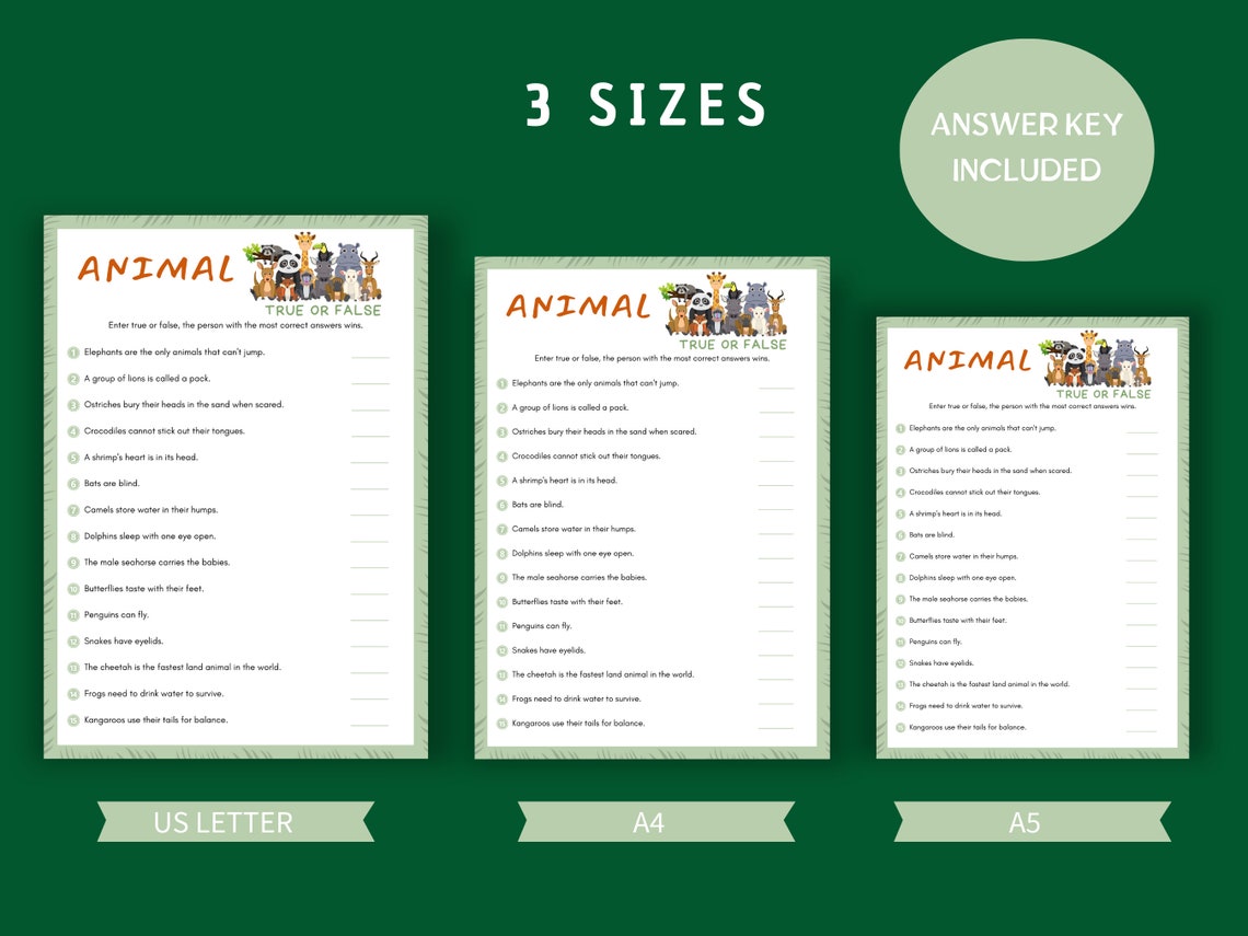 Animal True or False Game: Printable Family Trivia (instant Download ...