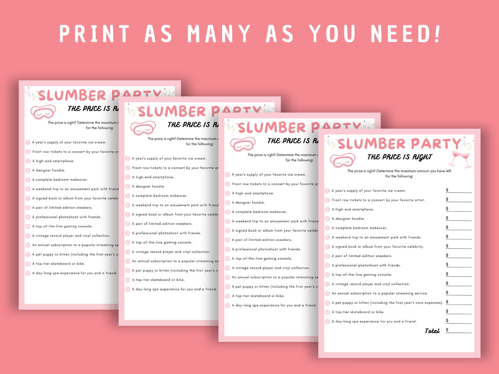 Slumber Party the Price is Right Game Printable Guessing Game Family ...