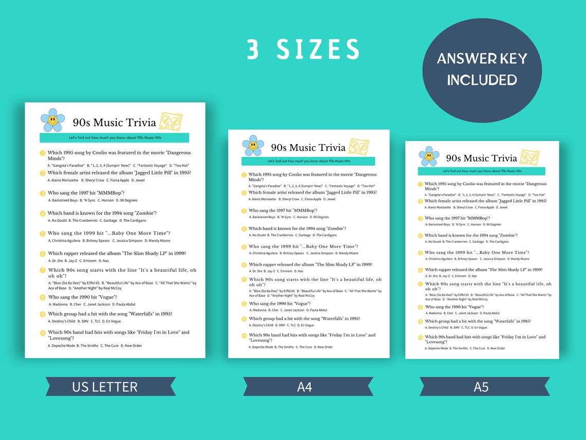 90s Music Trivia Game Digital Download Printable Multiple Choice Quiz ...