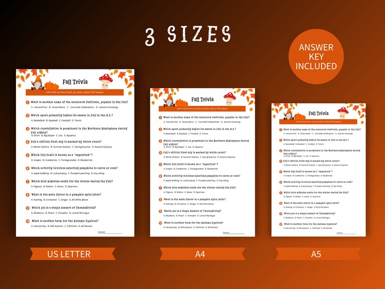 Printable Fall Trivia 2023 Autumn Multiple Choice Quiz Family Game ...