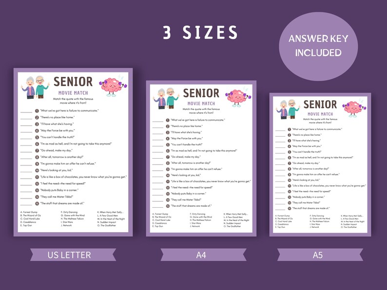 Senior Movie Match Game, Instant Download, Fun Printable Senior Game ...