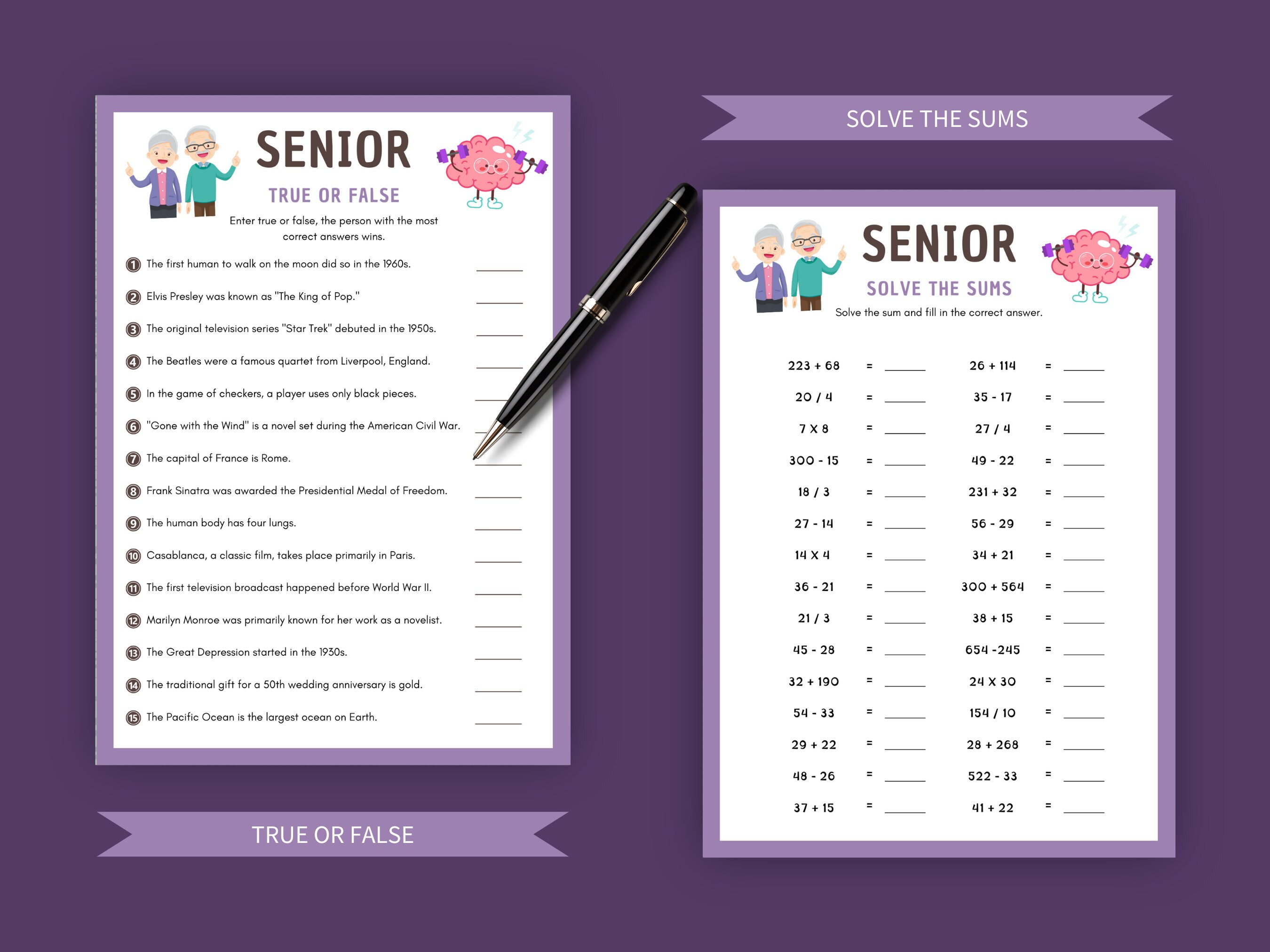 Printable Senior Games Bundle: 10-in-1 Trivia, Word Scramble (digital ...