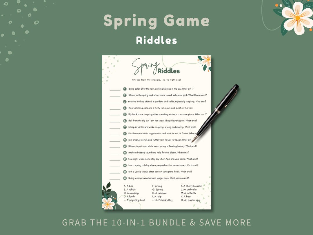 Spring Riddles Game, Printable Spring Trivia, Fun Family Game, Floral ...