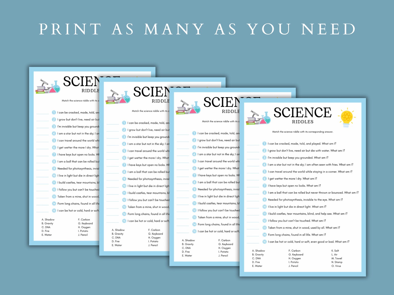 Printable Science Riddles Game | Digital Download | Student Science ...