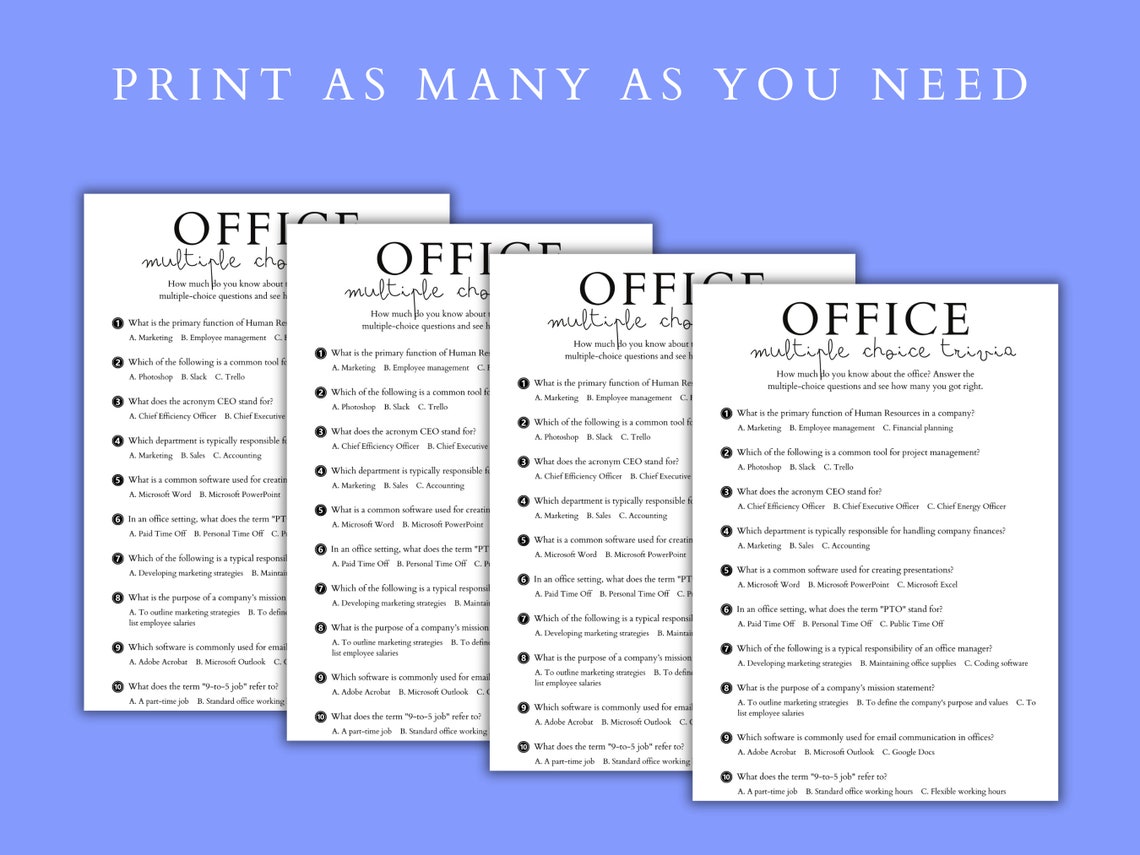 Printable Multiple Choice Trivia Office Party Game Fun Co-worker Game ...
