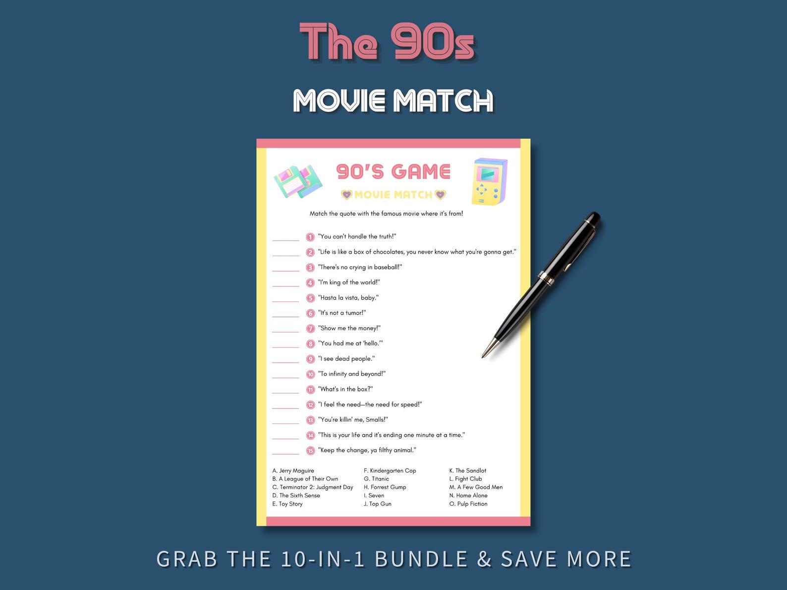 90s Movie Match Game | Instant Download | Printable 90s Trivia | Retro ...