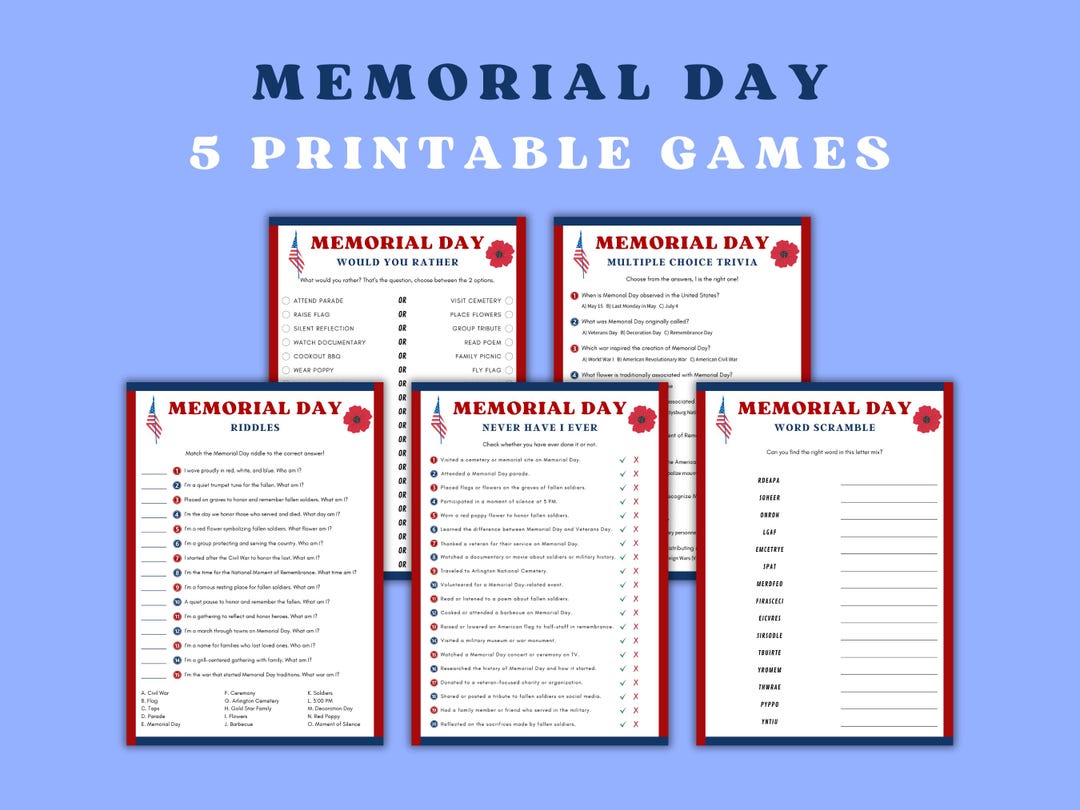Memorial Day 5 Games Bundle, Printable Patriotic Party Games, Memorial ...