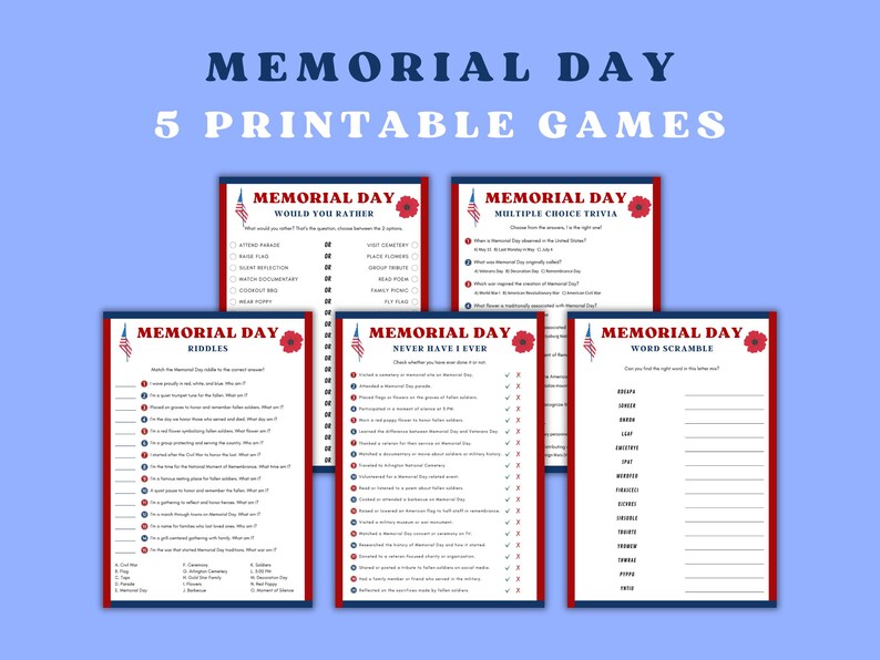 Memorial Day Games Bundle: Printable Party Activities (digital Download ...