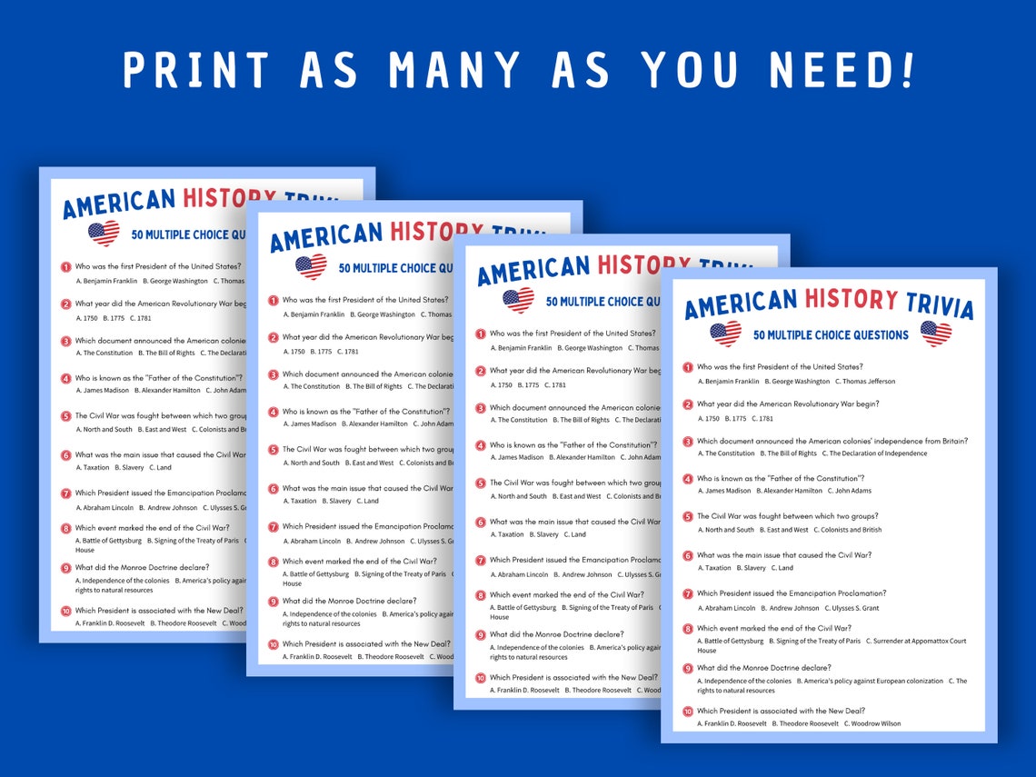 Printable American History Trivia Game | 50 Multiple Choice Questions ...
