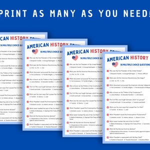 Printable American History Trivia Game | 50 Multiple Choice Questions ...
