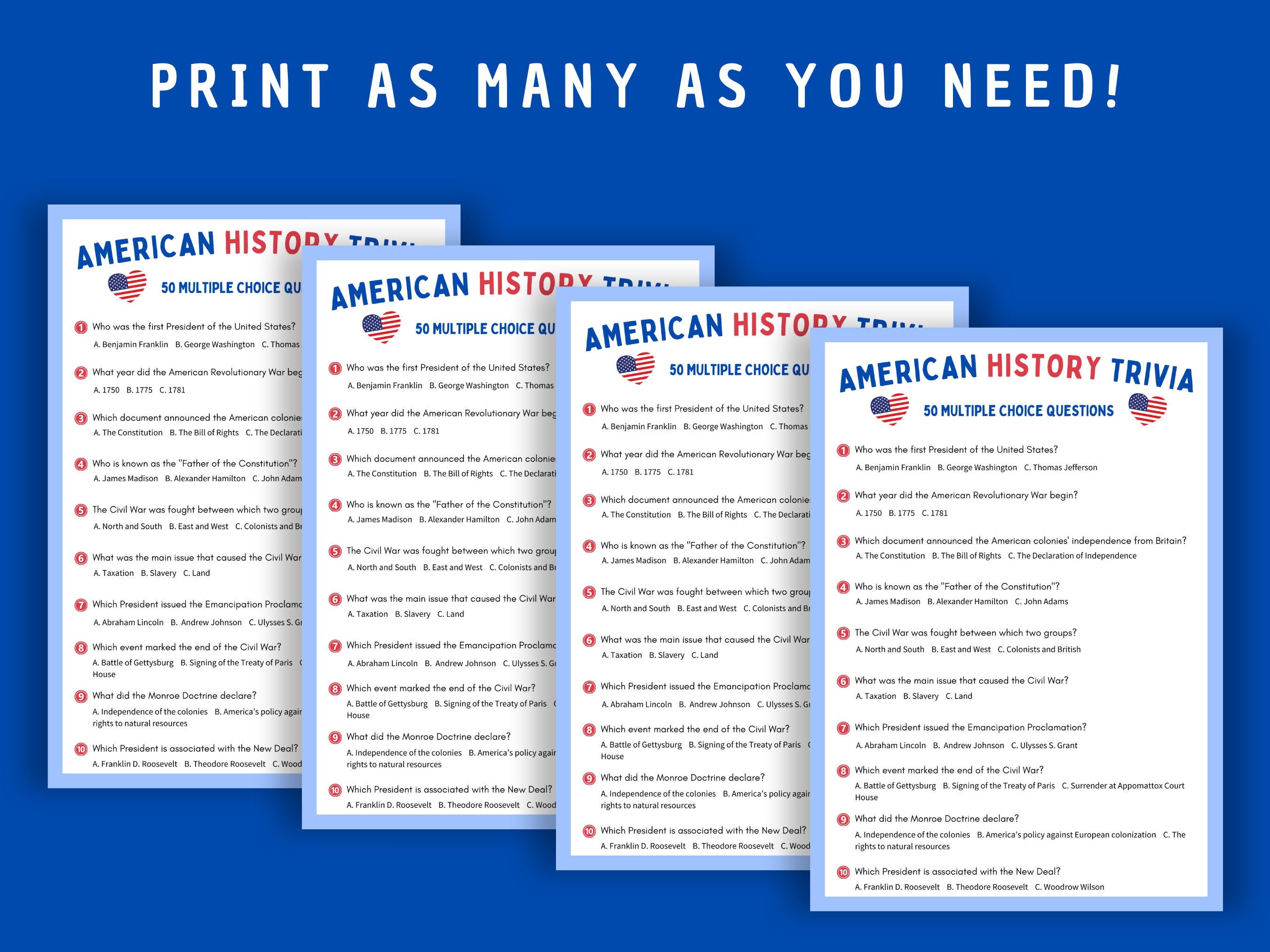 Printable American History Trivia Game | 50 Multiple Choice Questions ...
