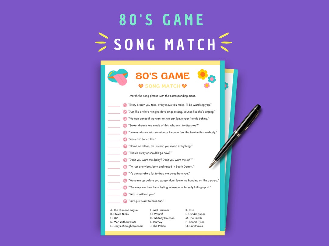 80s Song Match Game | Instant Download Printable | Retro 80s Music ...
