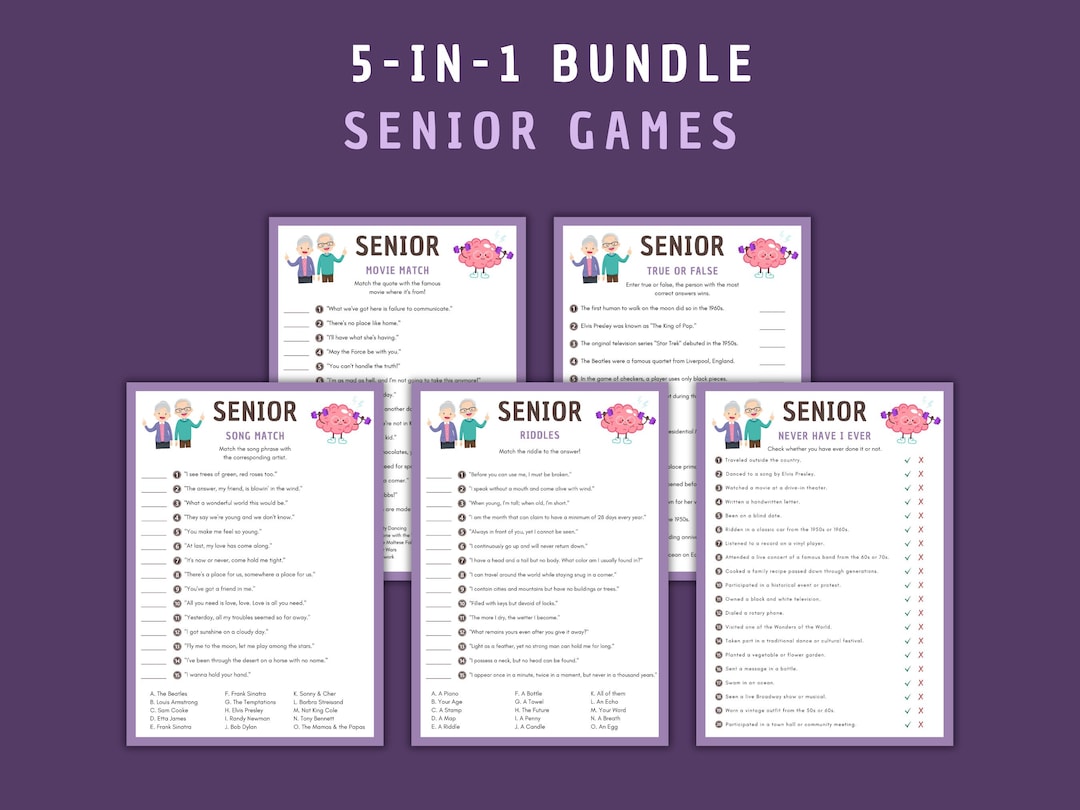 Printable Senior Games Bundle, Trivia, Song Match, Riddles (digital ...