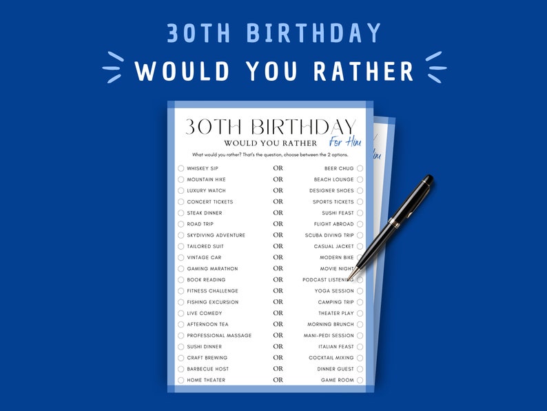 Printable 30th Birthday Game Would You Rather for Him | Printable ...