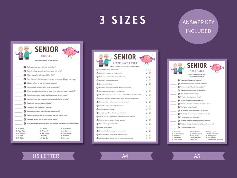Printable Senior Games Bundle, Trivia, Song Match, Riddles (digital ...