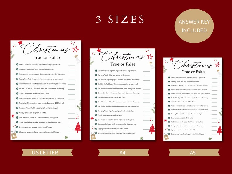 Christmas True or False Game, Printable Holiday Trivia Quiz, Family ...
