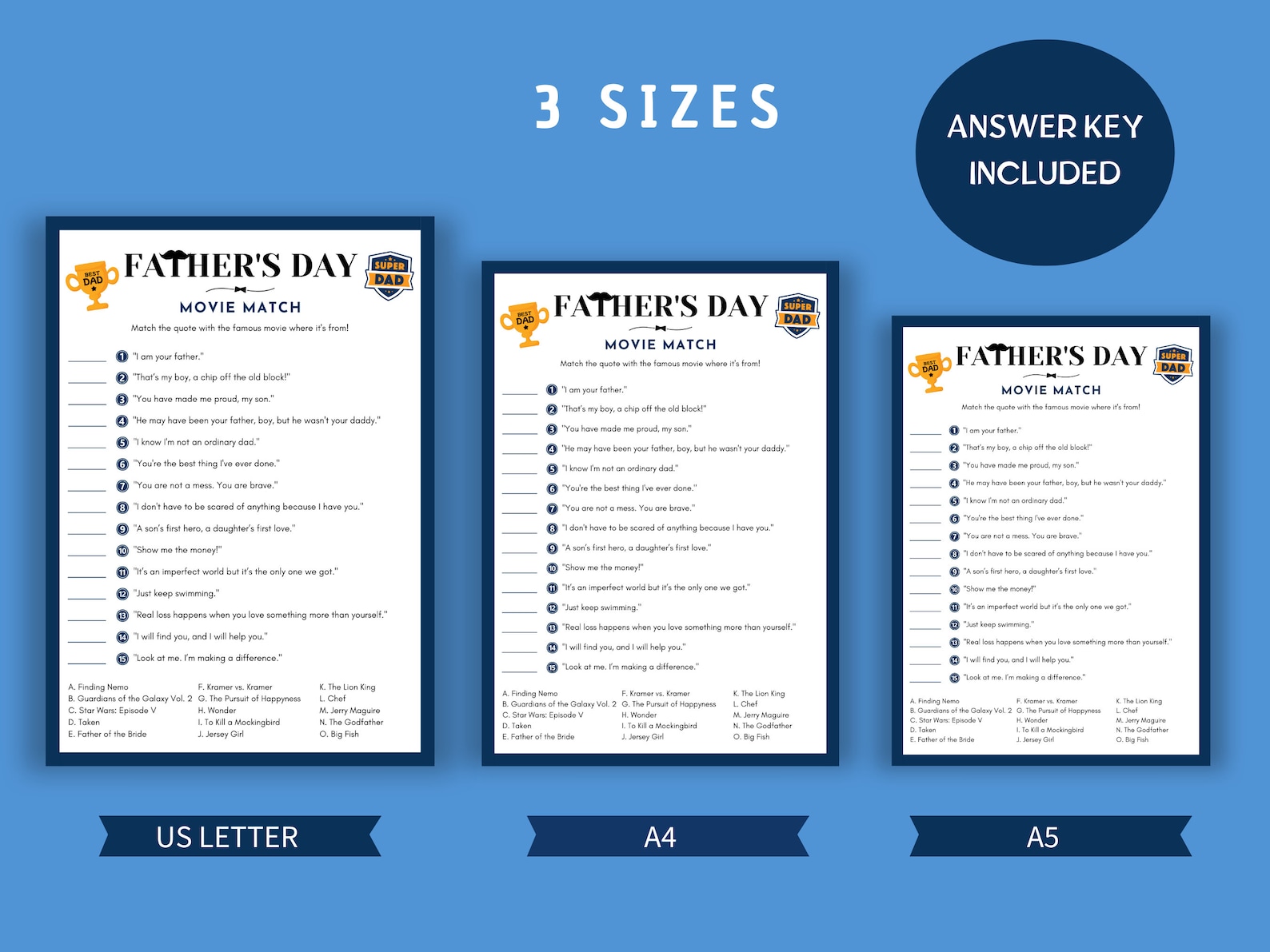 Father's Day Movie Match Game Printable, Dad Trivia Quiz, Instant ...