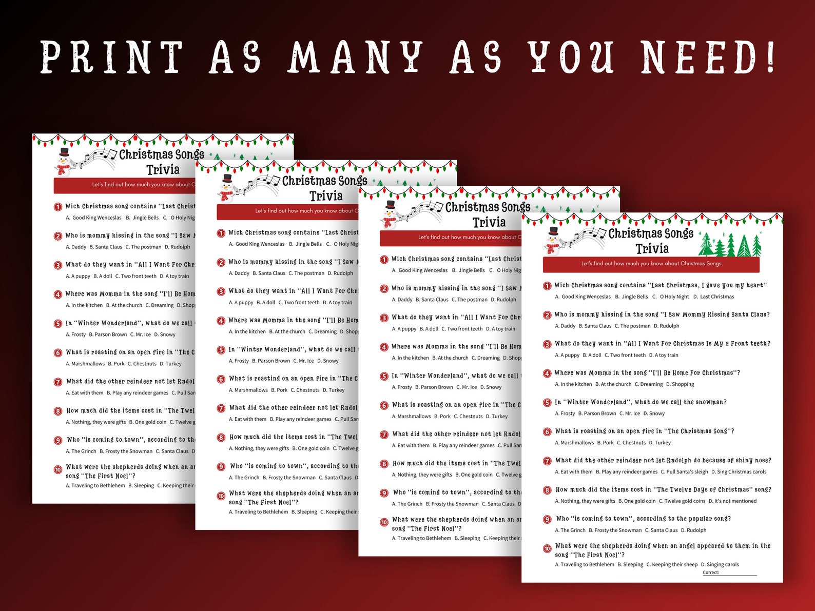 Printable Christmas Songs Trivia Game Christmas 2023 Quiz Multiple ...