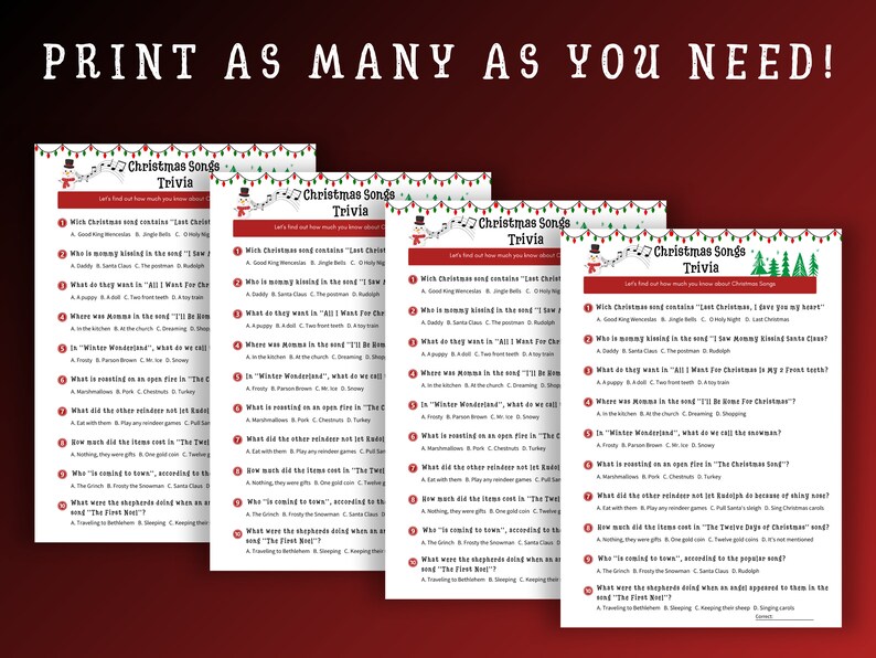 Printable Christmas Songs Trivia Game Christmas 2023 Quiz Multiple ...