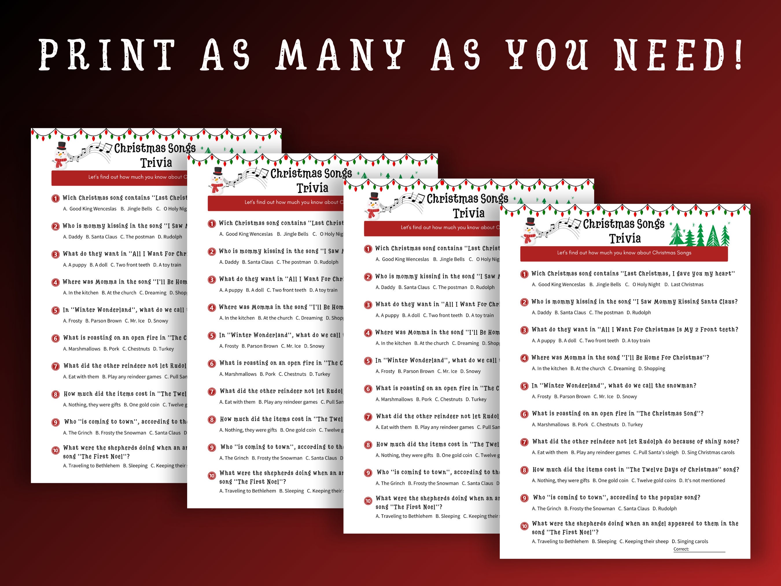 Printable Christmas Songs Trivia Game Christmas 2023 Quiz Multiple ...