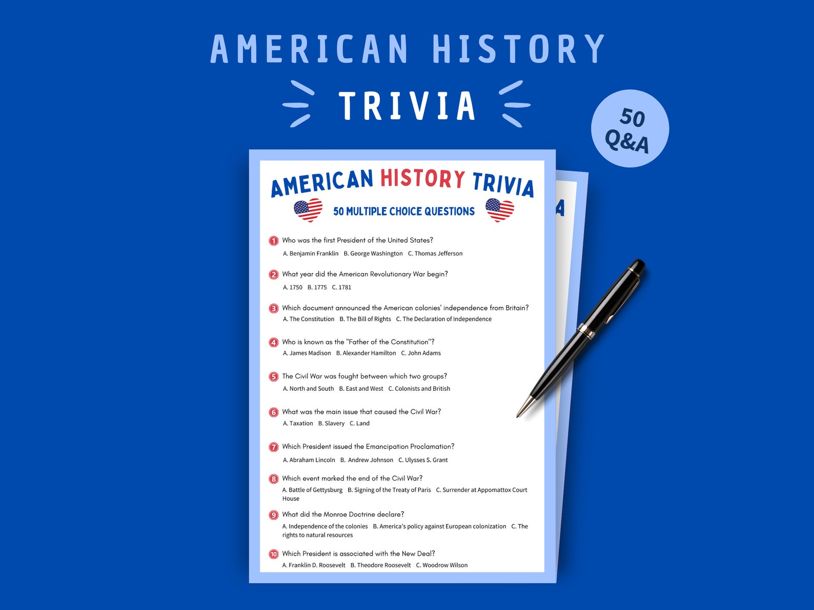 Printable American History Trivia Game | 50 Multiple Choice Questions ...