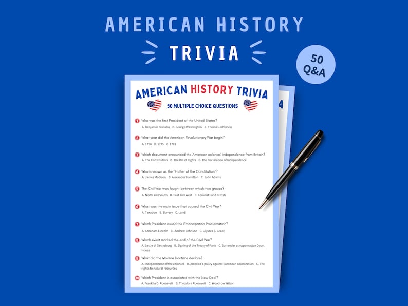 Printable American History Trivia Game | 50 Multiple Choice Questions ...