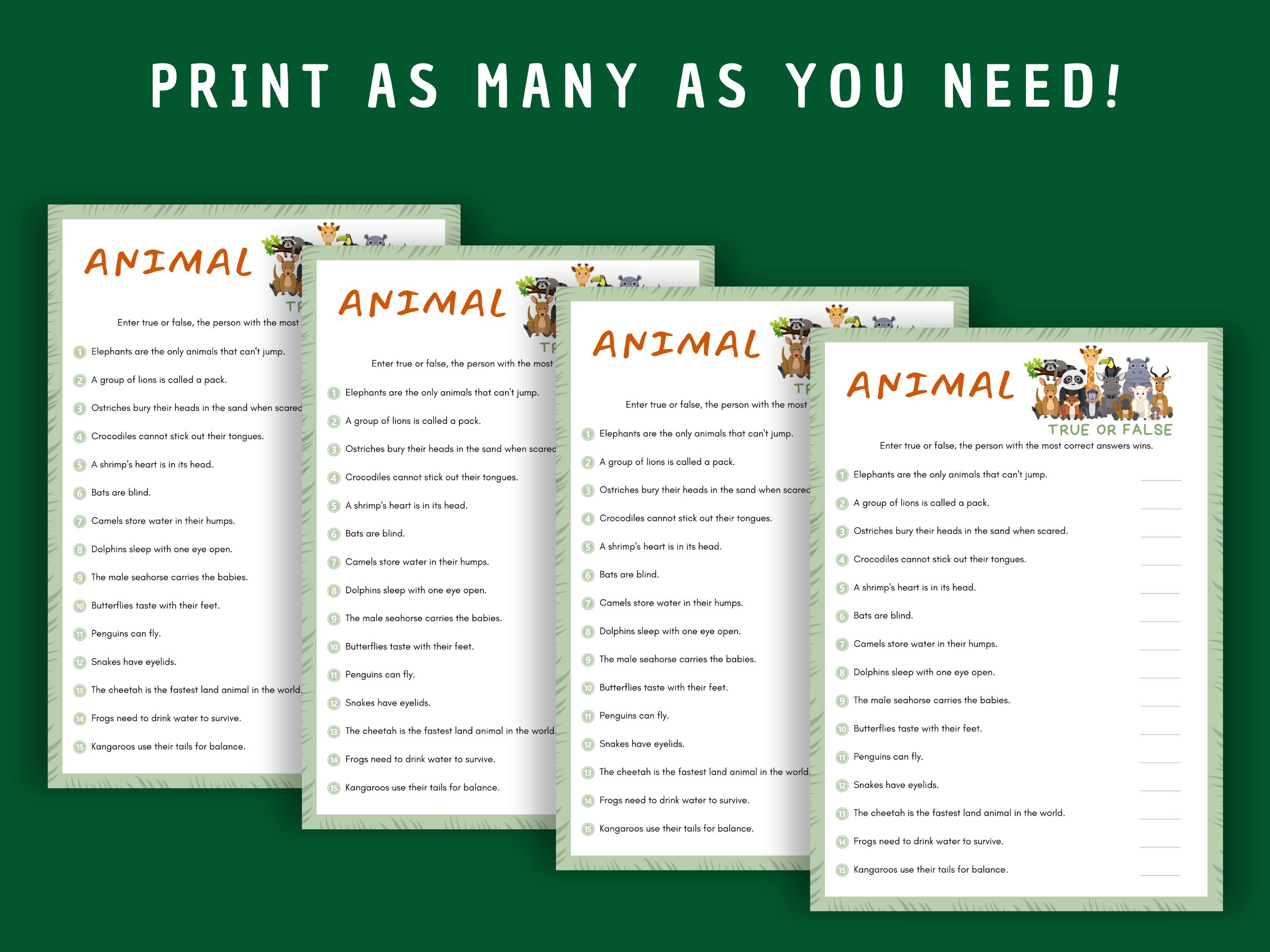 Animal True or False Game: Printable Family Trivia (instant Download ...