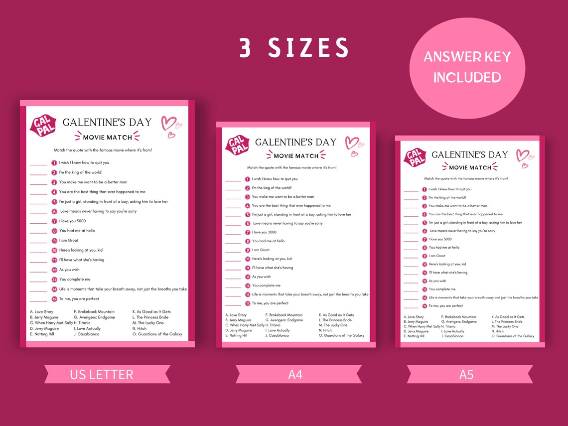 Galentine's Day Movie Match Game | Printable Film Quote Trivia ...