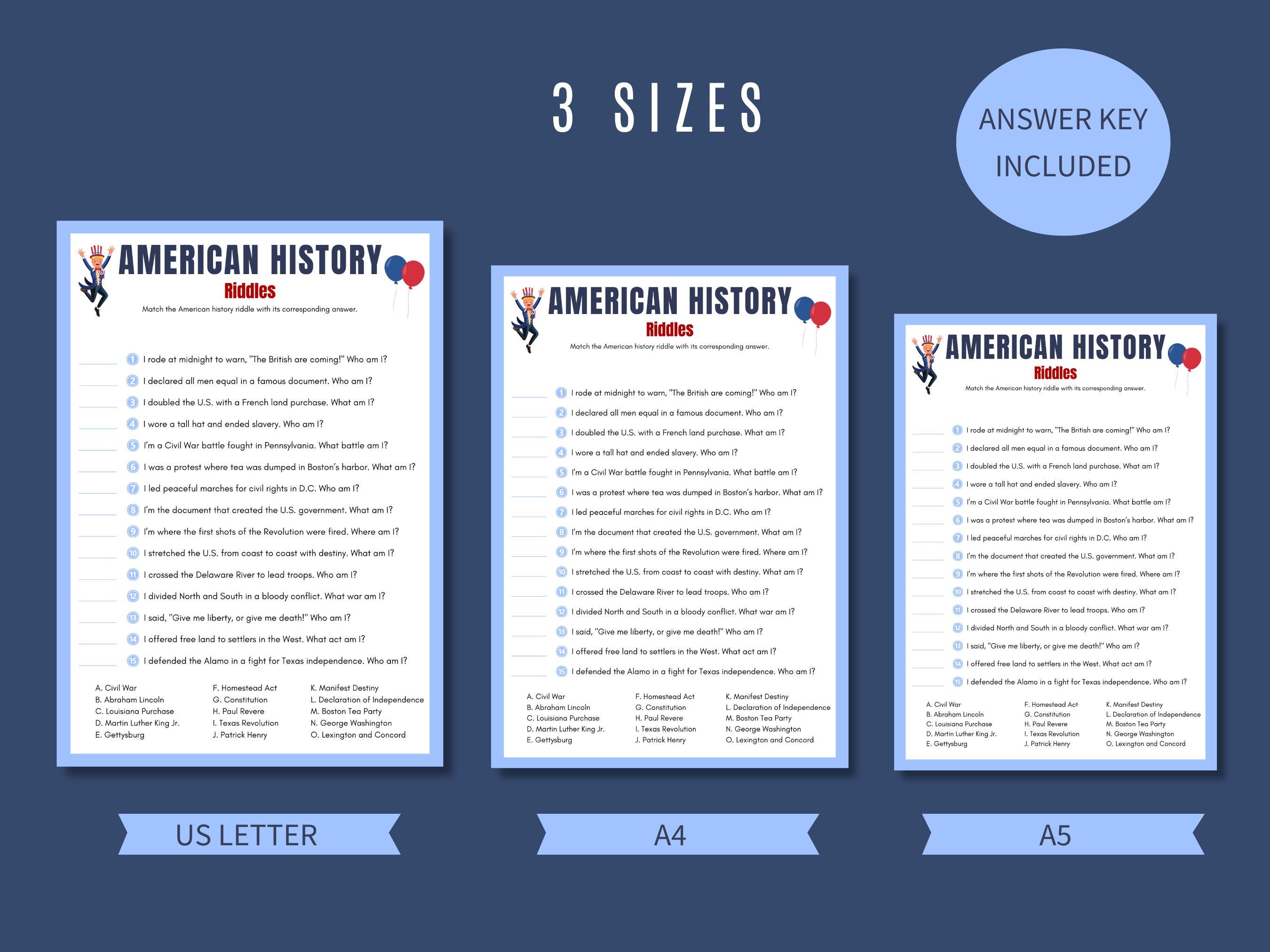 American History Riddles Game Printable, Trivia Icebreaker for Adults ...