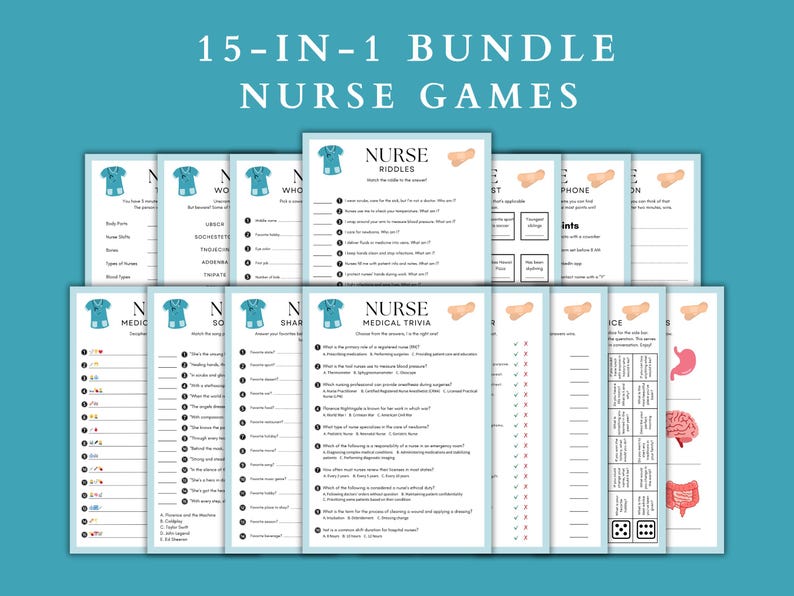 Nurse Games Bundle Printable: 15 Nursing Party Trivia & Quiz Games (PDF ...