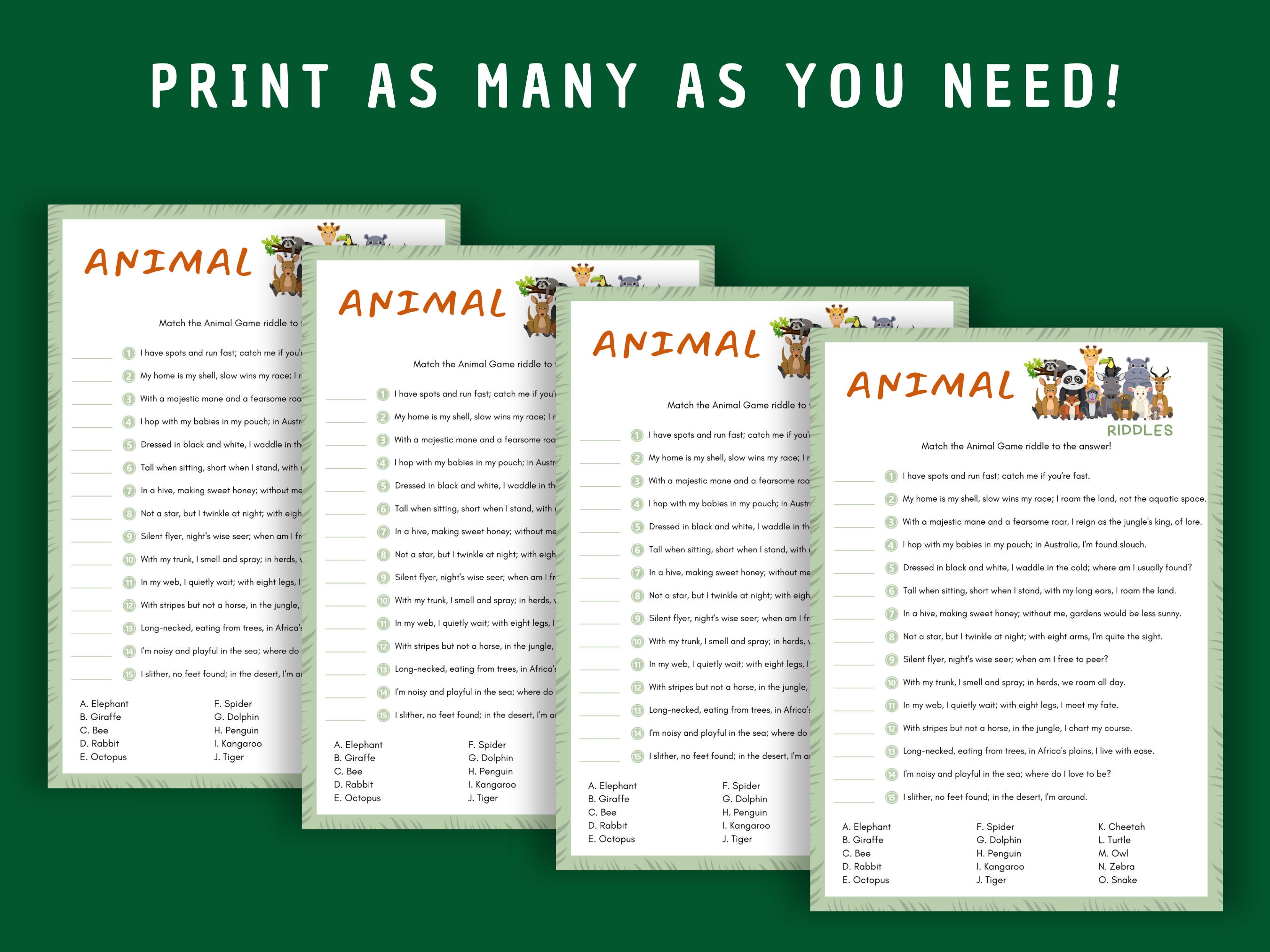 Wild Animals Riddles Instant Download Animal Game Riddles 15 Statement ...