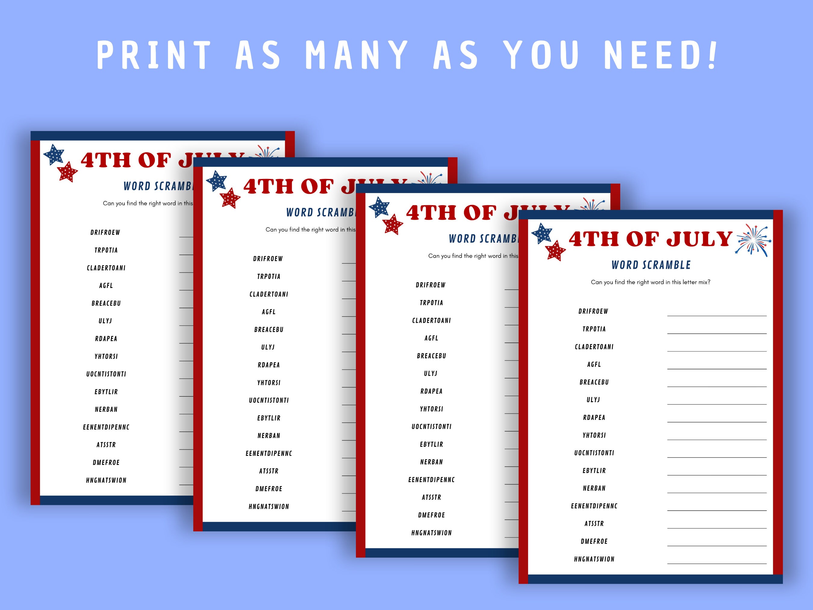 4th of July Word Scramble Game Printable Family Game Patriotic Party ...