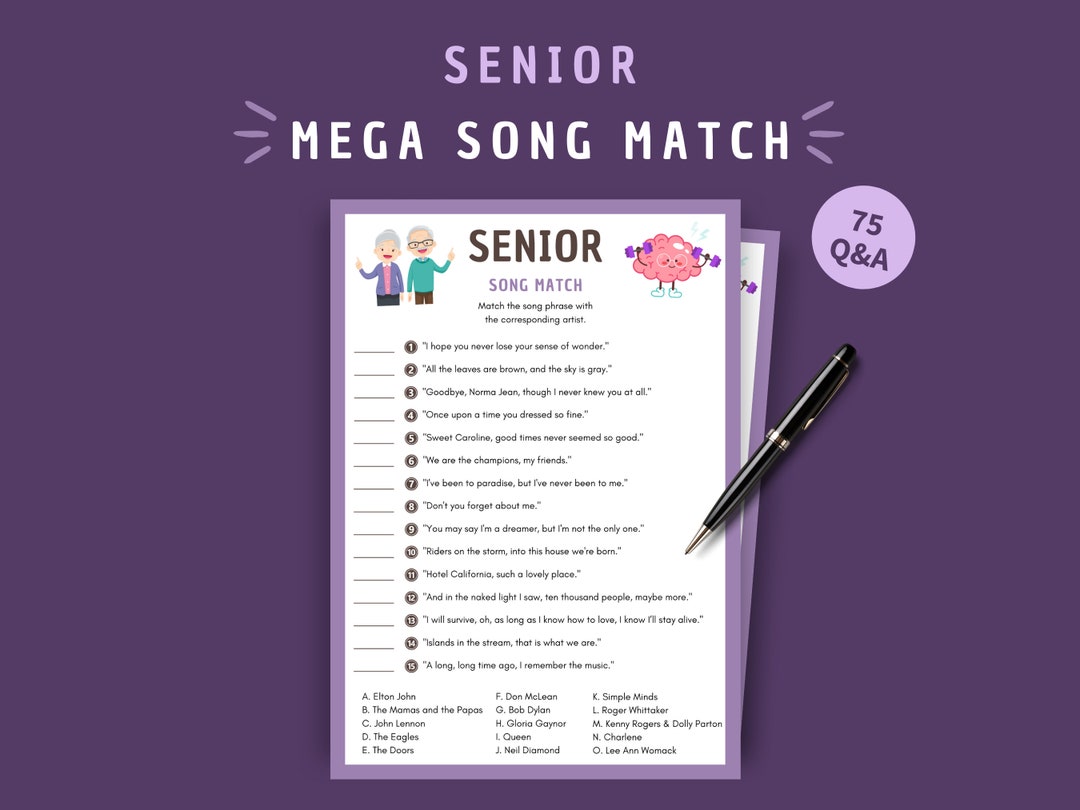 MEGA Senior Printable Song Match, 75 Songs to Match Game, Printable ...