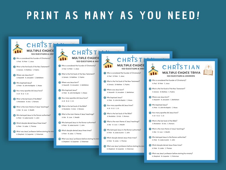 Printable Christian Mega Trivia Game: 100 Bible Multiple Choice ...