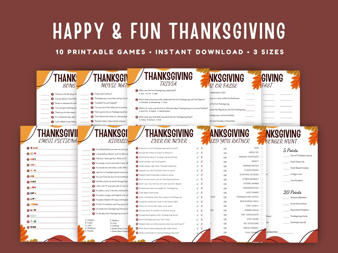 Thanksgiving Games Bundle Printable, 10 Party Games for Family, Kids ...