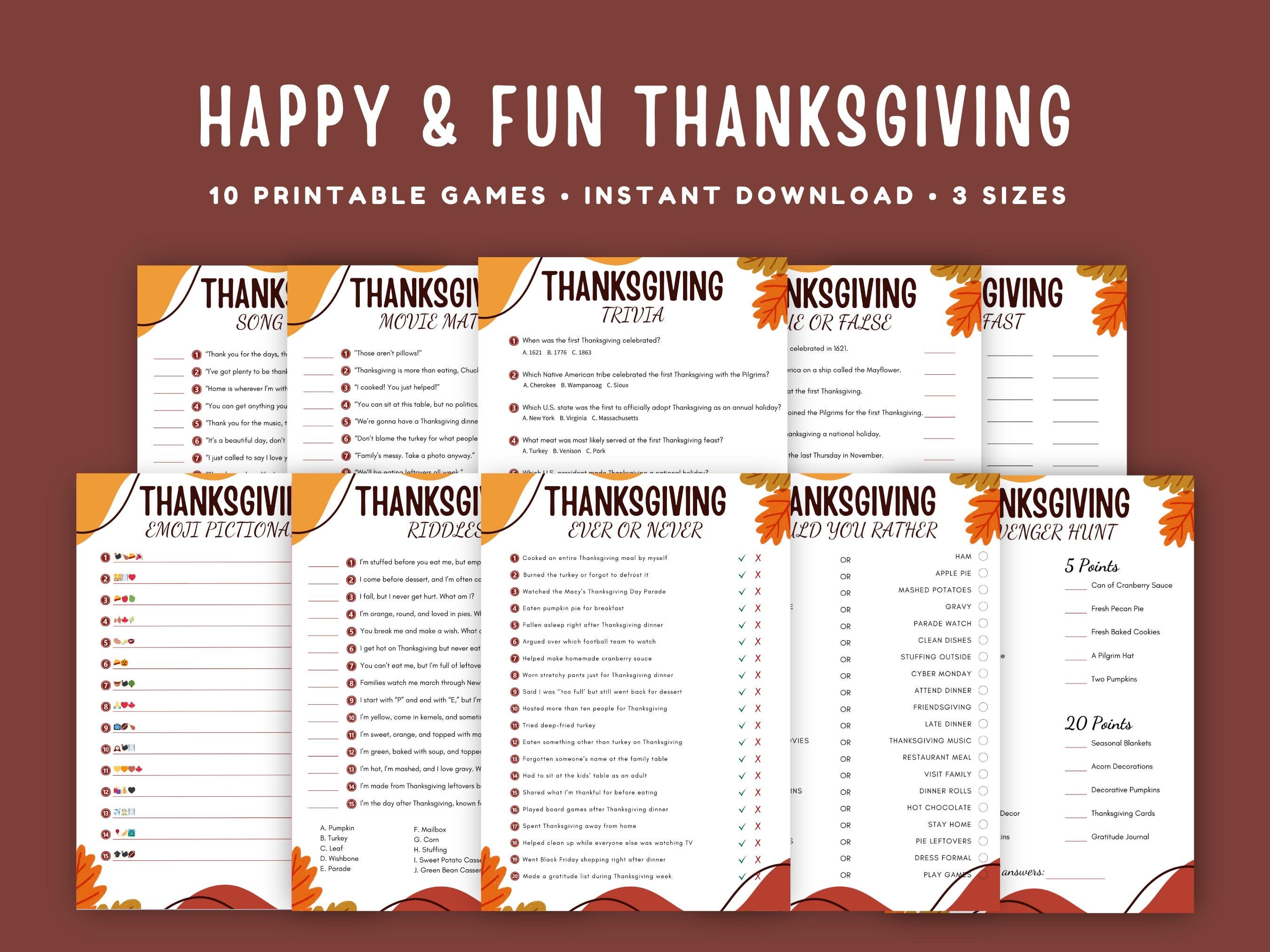 Thanksgiving Games Bundle Printable, 10 Party Games for Family, Kids ...