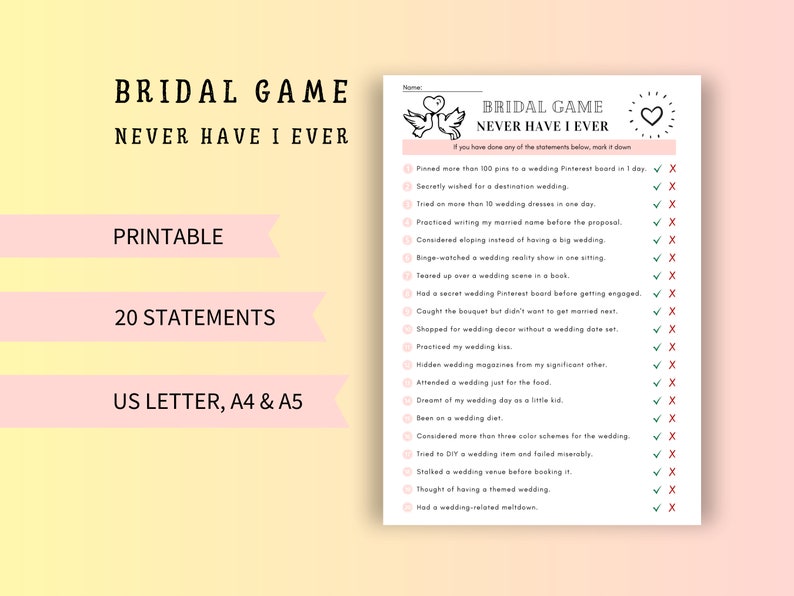 Bridal Shower Game Printable Never Have I Ever Trivia Wedding Party Fun ...