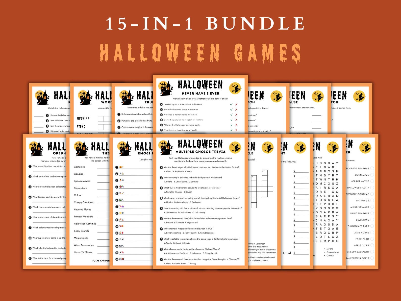 Halloween Games 15-in-1 Bundle Printable, Fun Family Trivia Activities ...