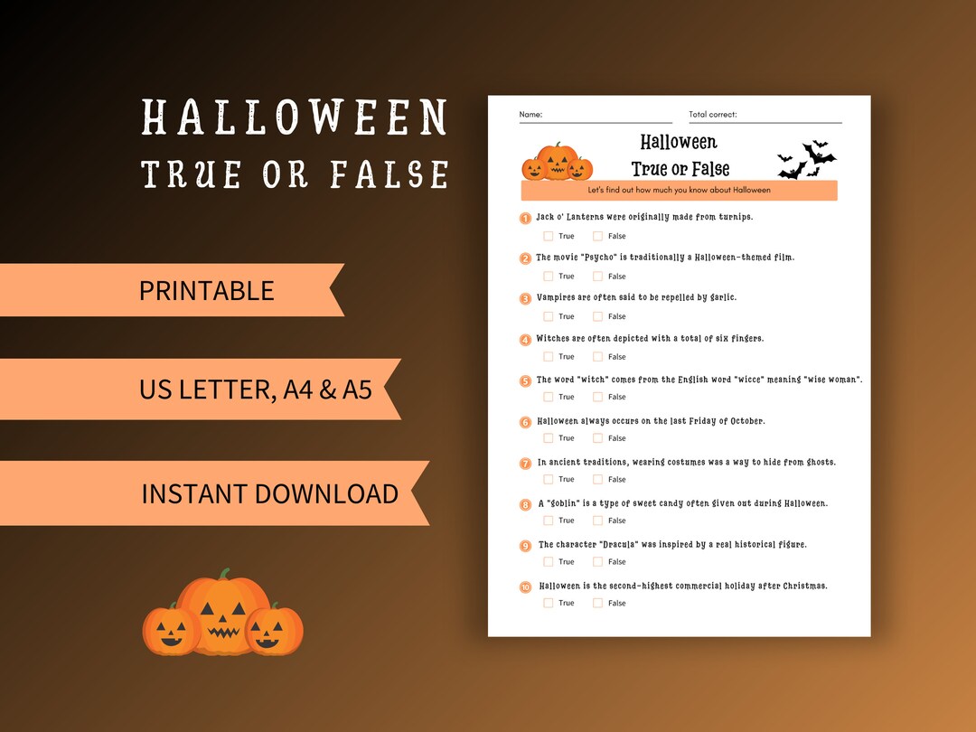 True or False Halloween Game Printable Family Fun Spooky Party Trivia ...