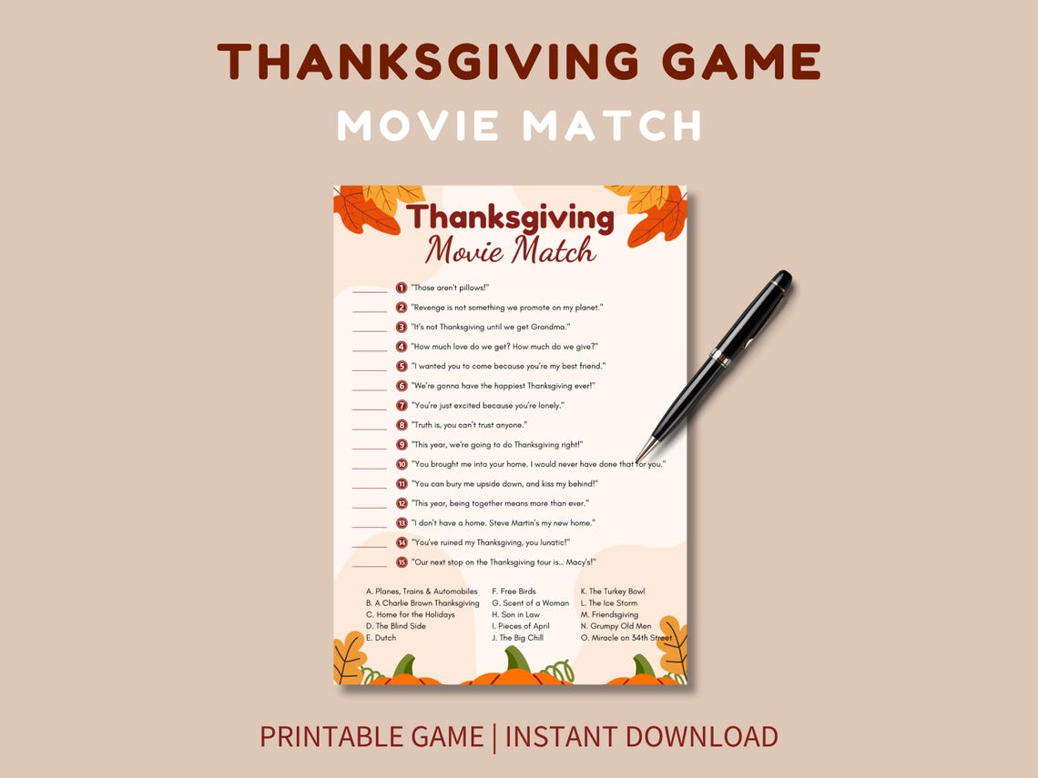 Thanksgiving Movie Match Game | Fun Family Games | Printable ...