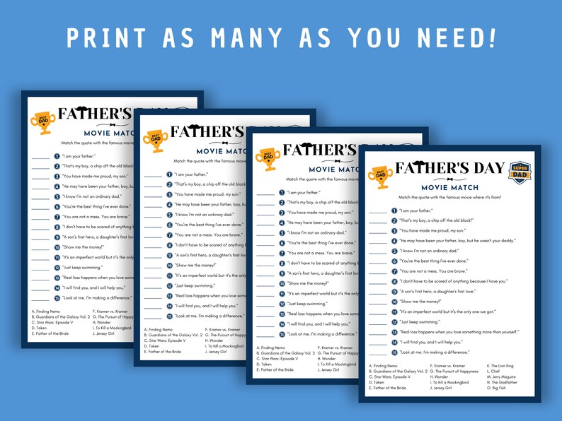 Father's Day Movie Match Game Printable, Dad Trivia Quiz, Instant ...