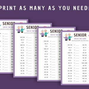 Senior Solve the Sums Game Instant Download Printable Math Puzzles ...