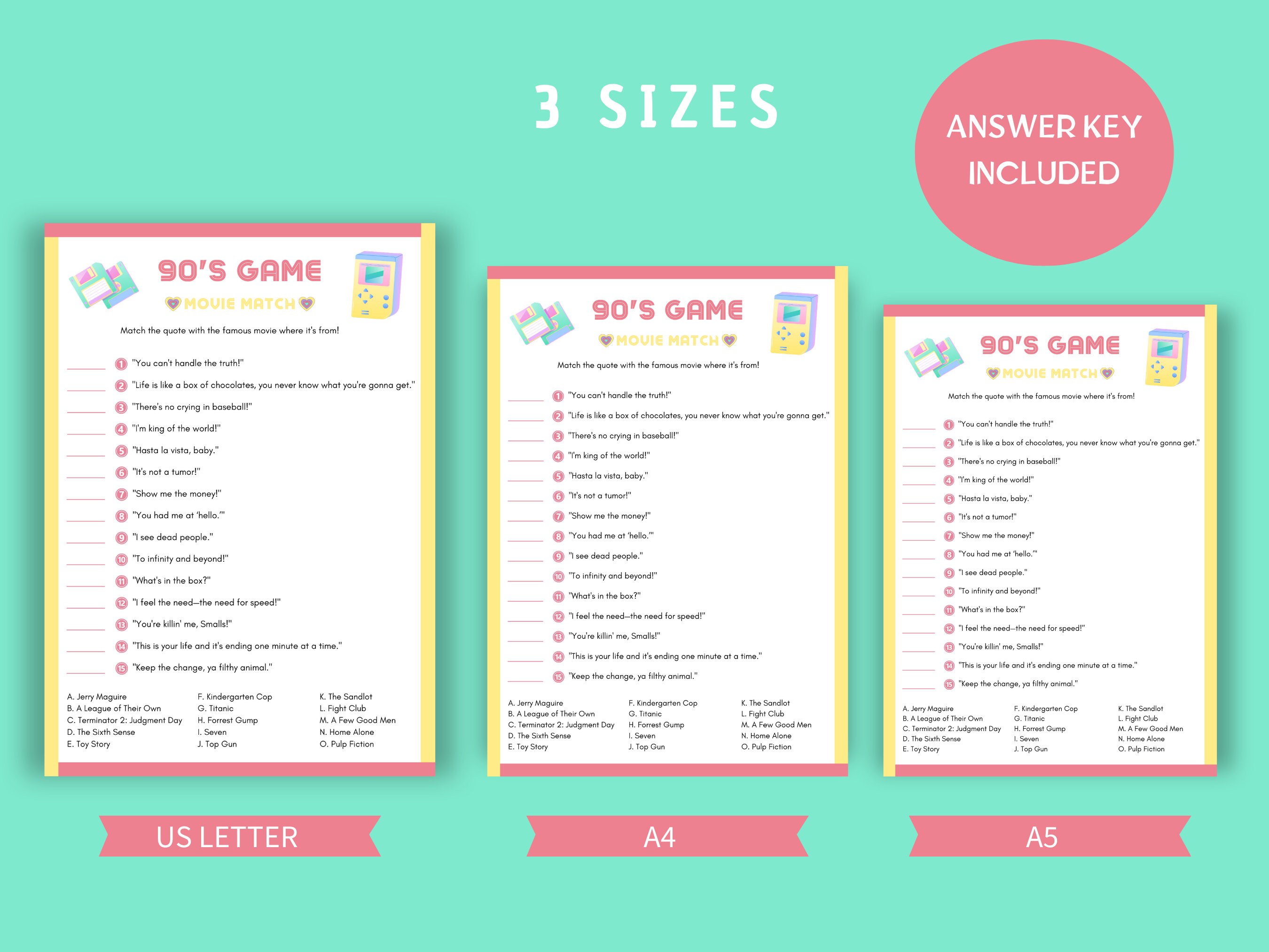 90s Movie Match Game | Instant Download | Printable 90s Trivia | Retro ...