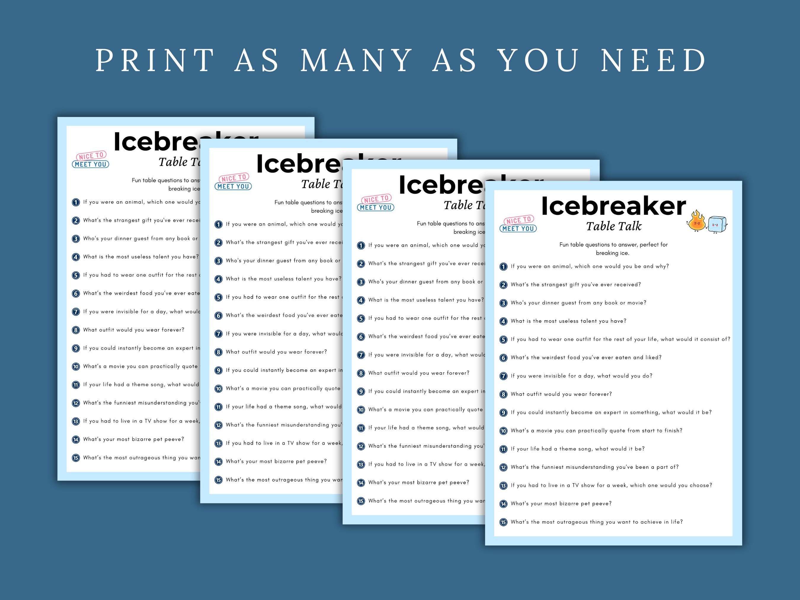 Icebreaker Table Talk Game Printable, Fun Icebreaker Conversation ...