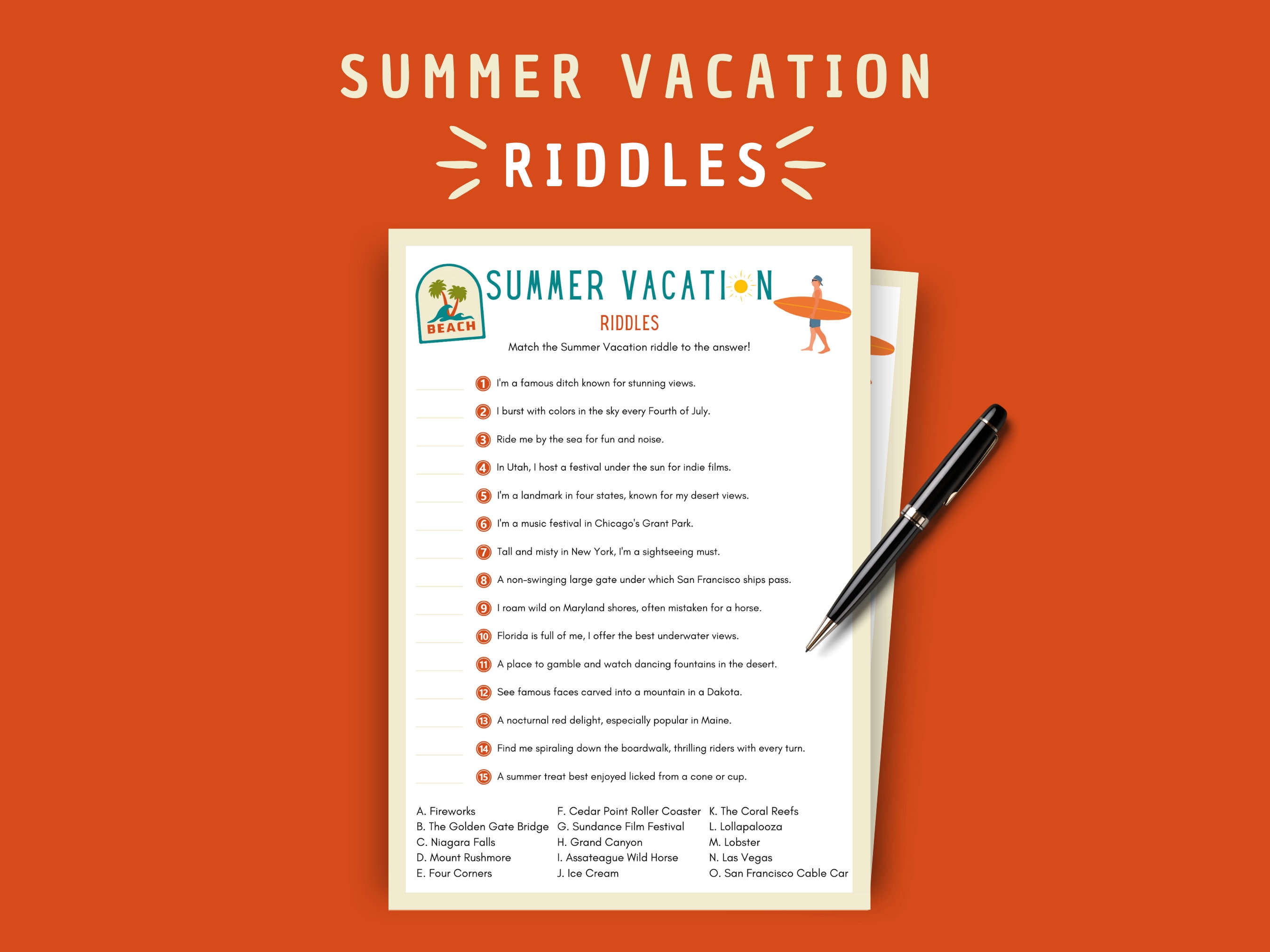 Summer Vacation Riddles Instant Download Printable Family Game Trivia ...