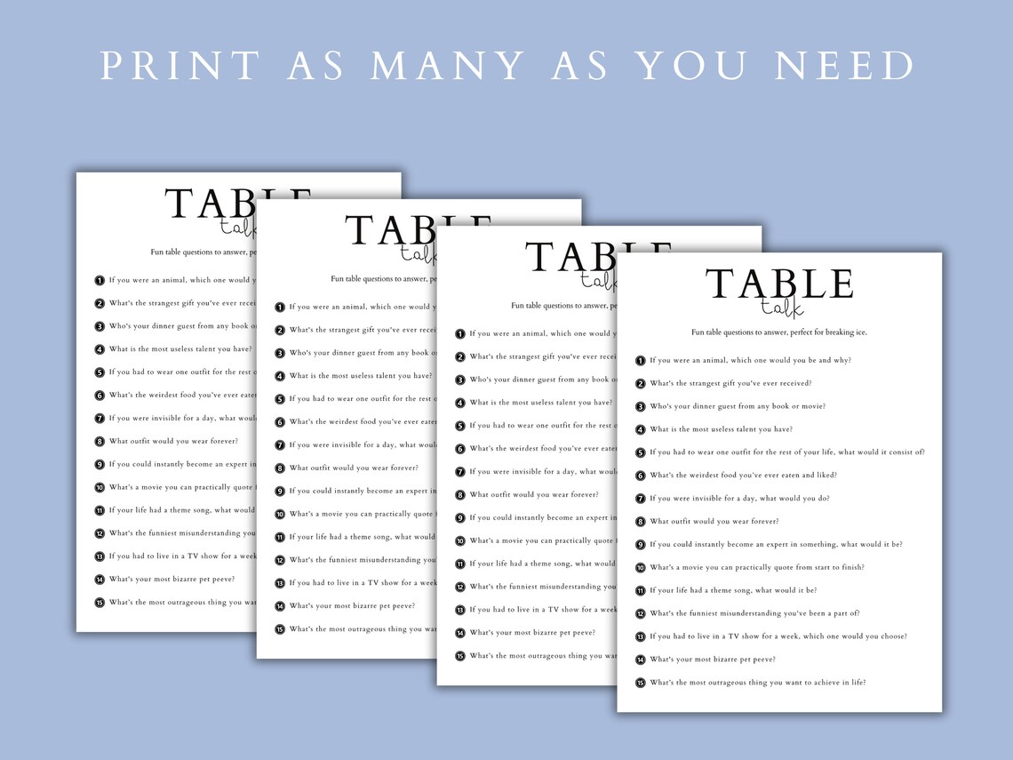 Table Talk Icebreaker Game | Printable Engaging Trivia | Family Game ...