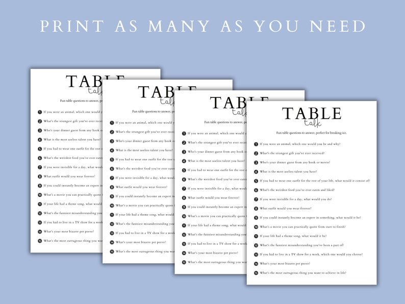 Table Talk Icebreaker Game | Printable Engaging Trivia | Family Game ...