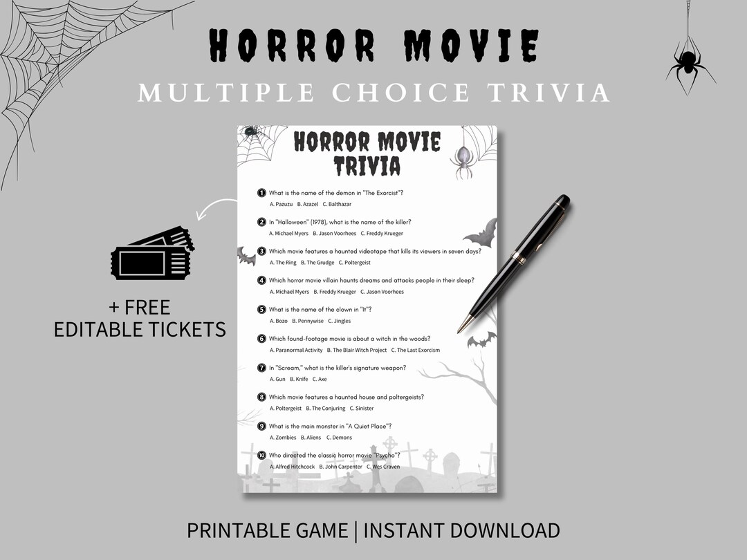 Horror Movie Trivia Game: Halloween Family Game Night (printable With ...