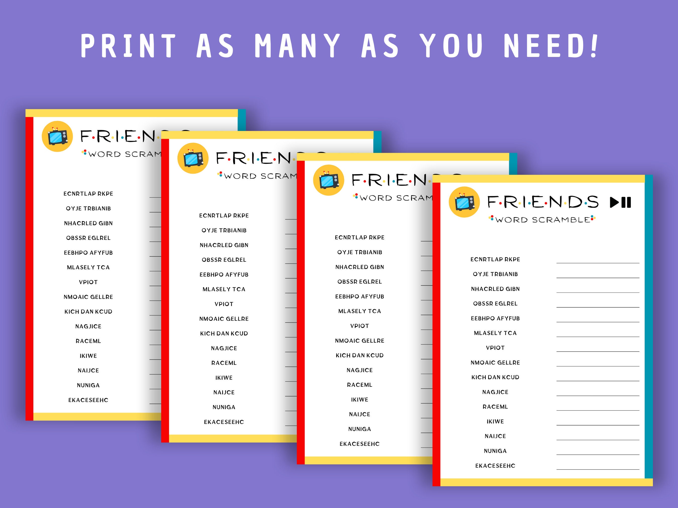 Friends TV Series Word Scramble Game Instant Download Printable Trivia ...