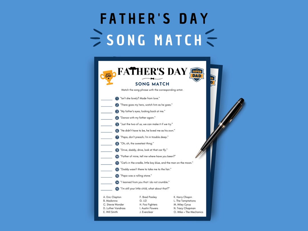 Father's Day Song Match Game Printable, Dad Music Trivia Quiz, Family ...